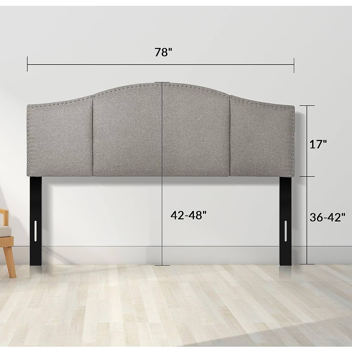 Finnhomy Linen Fabric Upholstered King Size Headboard with Nailheads Trim Platform, Adjustable Height Head Board, Light Grey