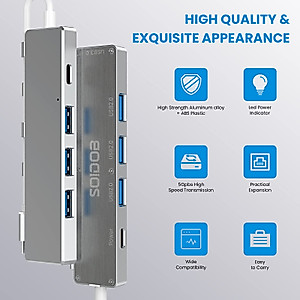 3.0 USB C Hub, Slim Aluminium Alloy High-Speed External USB Port with USB-C to USB Adapter, USB Extender Splitter Compatible with Computer, Mac, PCs, Smartphone, and Tablet