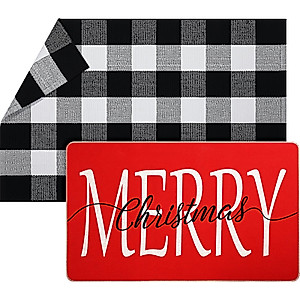 Geelin 2 Pcs Christmas Door Mat Outdoor Merry Christmas Front Door Mats Buffalo Checkered Rug (30'' x 18'' and 43'' x 27.5'') for Home Entrance Indoor Outdoor Decorative Coir Rugs