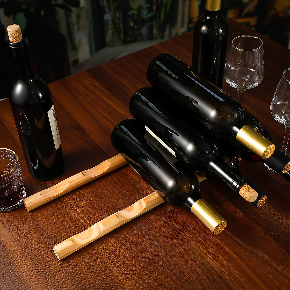 Barydat 4 Pcs Compact Wooden Wine Rack Wood Wine Bottle Holder Countertop Wine Holder Stand Display Wine Rack Shelf Small Stackable Wine Bottle Storage Organizer for Cabinet Fridge Tabletop Bar