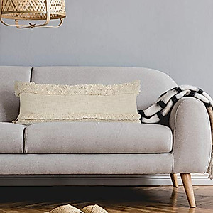 LR Home Beverly Fringed Solid Lumbar Throw Pillow, 1 Count (Pack of 1), Cream