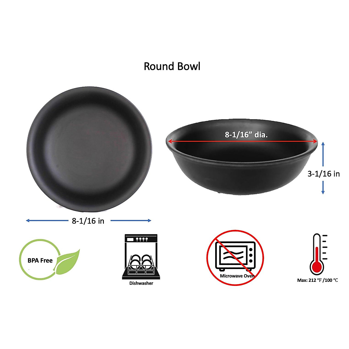 Lucky Star Melamine Round Bowls Set Ramen Vietnam Pho Noodles Soup Bowls, 8-1/16"dia. X 3-1/16” H (Capacity: 48 oz), Black (24)