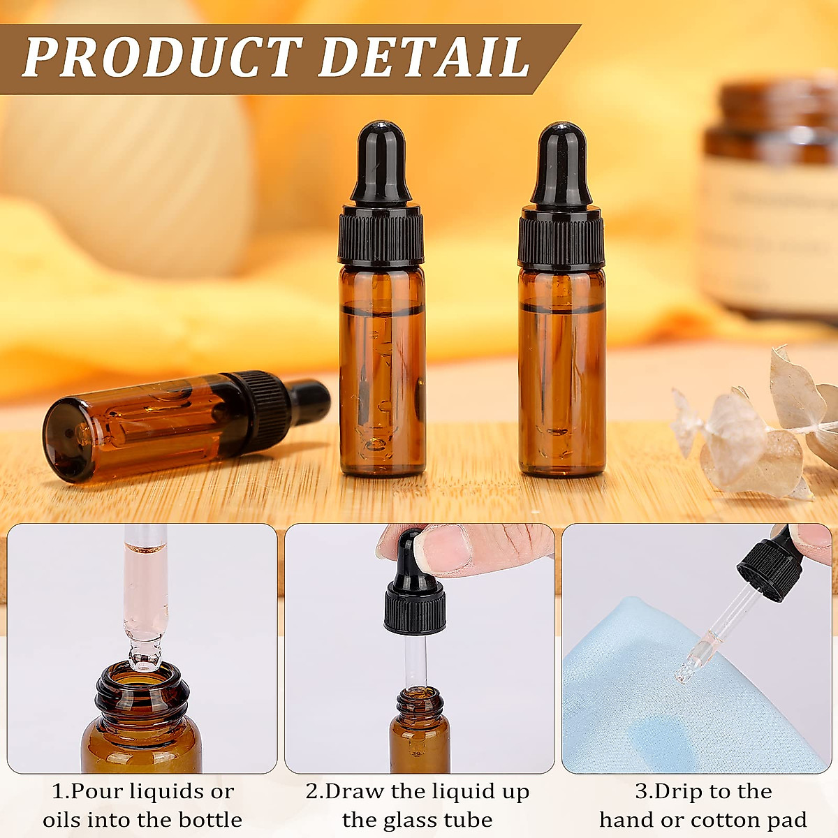 Bokon 100 Pcs Glass Dropping Bottles Mini Essential Oil Dropper Bottles Empty Sample Vials with Black Cap Tiny Storage Jars with Dropper for Perfumes Cosmetic Liquid Aromatherapy Lab (Amber,5 ml)