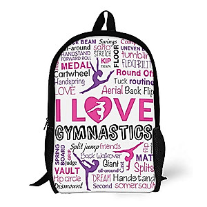 WZOMT I Love Gymnastics School Backpack Gymnast with Inspirational Quotes Hot Purple Pink Rucksack Travel Daypack Elementary Middle College Book Bags for Girls Women Kids Students, Large 17"