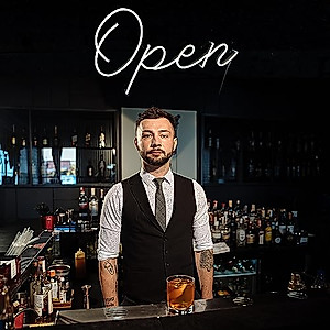 LIYUNEON Open Neon Signs, Cool White Led Neon Lights USB Powered, Signs for Wall Decor, Restaurant Bar Salon Stores Hotel, Wedding, Engagement Party ,Bedroom Decor, Neon For Bedroom Home Aesthetic Room Decor，Neon Sign Bar(15.75x9.45in) (Open)