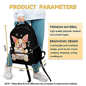 WARMRUG Corgi Girls Backpack for School, 16 inch Black Backpacks for Kids, Cute Lightweight Bookbag for Middle School