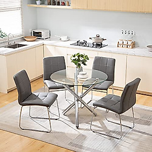 5 Pieces, Dinner Table Set for 4, Dining Table Set for 4, 1 Round Glass Dining Table and 4 Faux Leather Kitchen Chairs for Dining Room, Small Space, Apartment, Living Room, Chrome Metal Legs, Grey