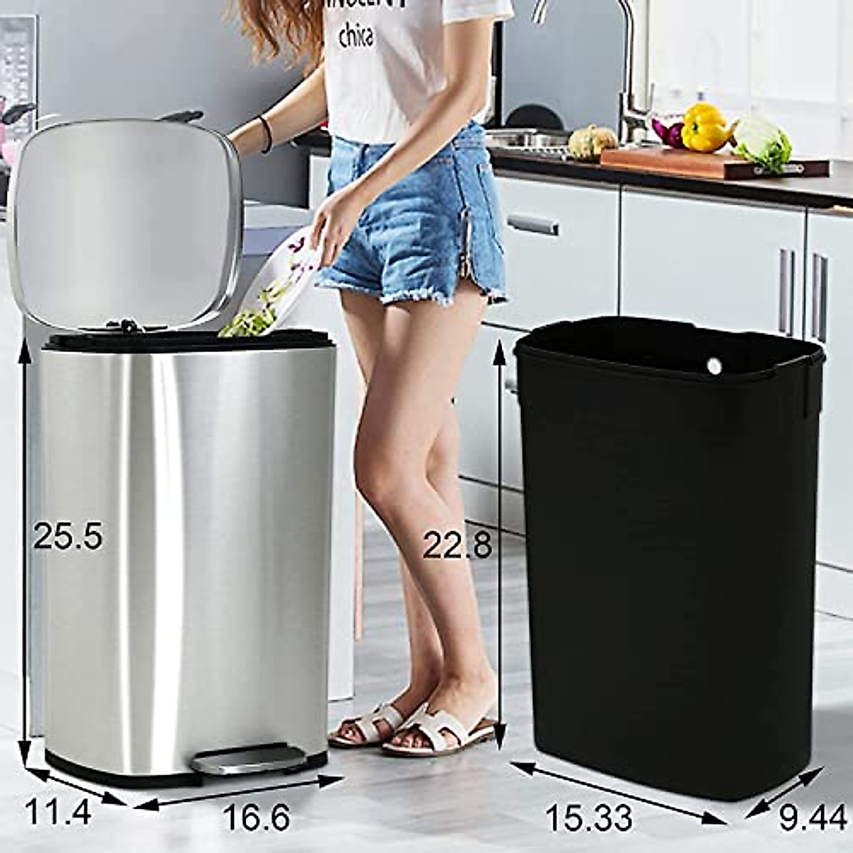 13 Gallon Steel Step Trash Can,Kitchen Trash Can with Lid & Inner Buckets , Stainless Steel Rectangular Garbage Bin , 50 L Pedal Soft Step Slow & Silent Open Close Dustbin for Kitchen, Office (Silver)