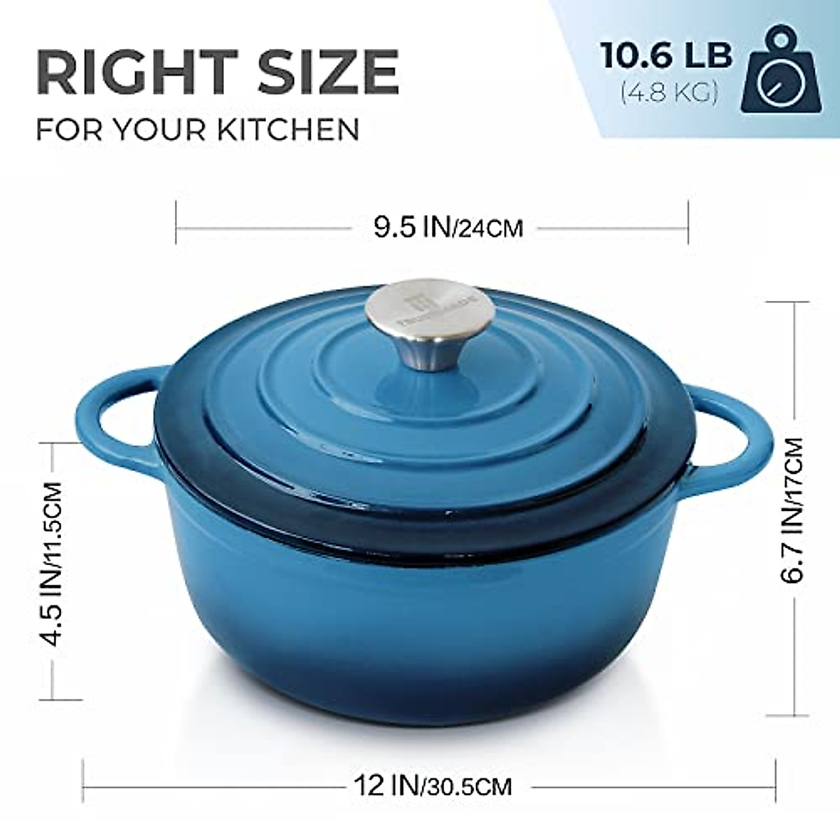 Trustmade 4.5 QT Cast Iron Dutch Oven, Enamel Coated Cookware Pot with Self Basting Lid for Home Baking, Braiser, Cooking, Blue
