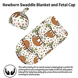 Cute Sloth Newborn Swaddle Blanket and Hat Set Boy Girl, Soft Stretchy Baby Receiving Blanket Sleep Sack for Infants Gift