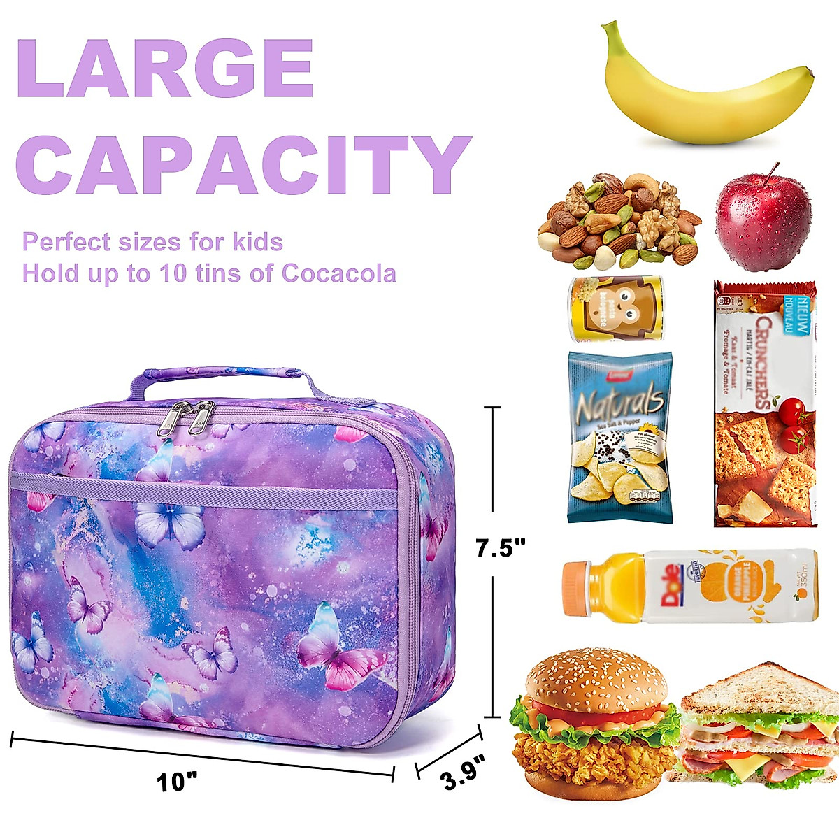Kids Girls Lunch Bag Insulated Lunch Box for school Lunch Cooler Organizer School Kids Lunch Tote (purple butterfly)