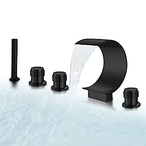 AZOS Waterfall Roman Tub Filler Faucet Deck Mount Widespread Bathroom Bathtub Faucet 5 Hole 3 Handles Black Waterfall Tub Filler Faucet Bathtub Faucet