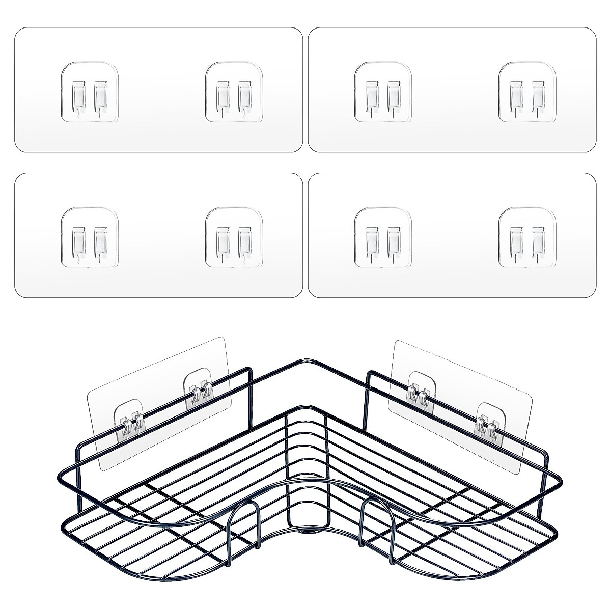 COMNICO 4 Pack Shower Caddy Adhesive Hooks Replacement, Strong Self-Adhesive Sticker No Drilling Waterproof Hanging Hooks for Bathroom Storage Shelves Kitchen Racks (Double Hook,Transparent)