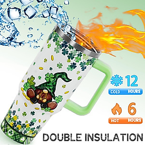 Nqhsionv St Patricks Day Tumbler with Handle 40 oz Lucky Gnomes Shamrock Coffee Travel Mug Stainless Steel Insulated Cup Irish Saint Patricks Decor Gifts