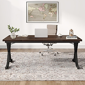 Tribesigns 63 Inch Executive Desk, Large Office Computer Desk with Thick Wooden Tabletop and Metal Frame, Modern Simple Workstation Writing Table Study Desk for Home Office, Walnut Brown