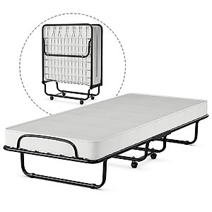 HAPPYGRILL Folding Bed with Mattress for Adults, Rollaway Bed W/Memory Foam Mattress, 4 Universal Wheels, Sturdy Steel Frame, Potable Fold Up Bed for Living Home Bed Room Office,Made in Italy