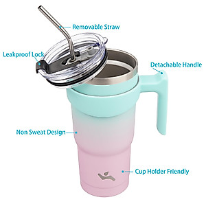 Konokyo 20 oz Tumbler with Handle and 2 Straw 2 Lid, Insulated Water Bottle Stainless Steel Vacuum Cup Reusable Travel Mug,Gum