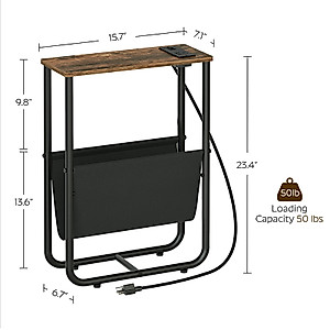 YATINEY Narrow End Table with Charging Station, Slim Side Table with Storage, Skinny End Table with Magazine Holder, Narrow End Table, Nightstand for Bedroom, Living Room, Rustic Brown ET05BR