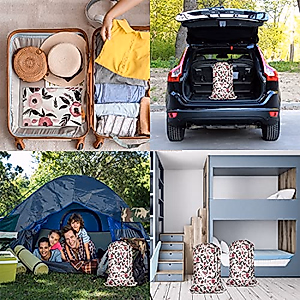 Swono Watercolor Sketch Poppy Large Laundry Bag Washable Large Dirty Clothes, Leaf Repeating Pattern Drawstring Organizer Bag, Fit Hamper Basket Camp Travel Home Dorm, Pink Black