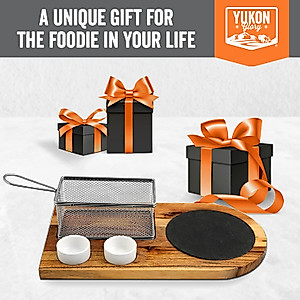 Yukon Glory™ Burger Serving Set, Perfect For Foodies, Burger Lovers and Tablescapes, Includes Premium Acacia Wood Board With Slate, Stainless Steel Fry Basket and Porcelain Condiment Cups,