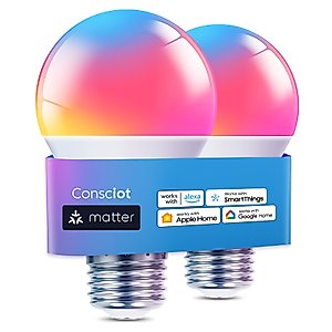 Consciot Smart Light Bulbs,WiFi Bluetooth Bulbs Works with Alexa/Google Home/Siri/SmartThings, RGBTW Color Changing LED Light Bulb, Music Sync Smart Bulbs E26 9W 800LM A19 Matter Smart Bulb, 2 Pack