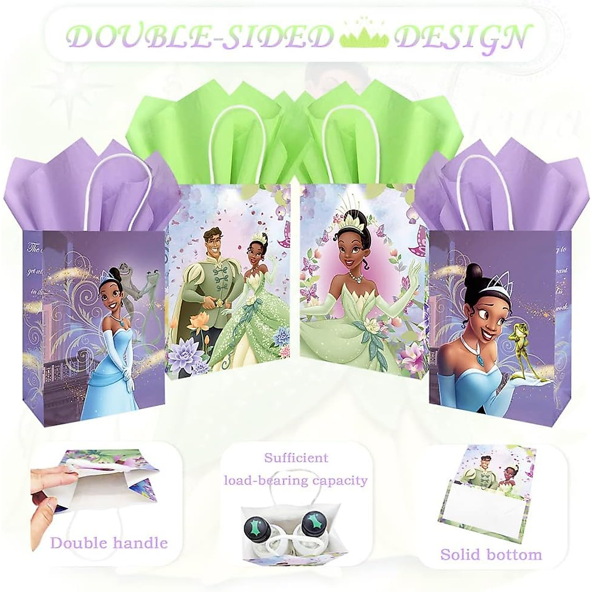 JWSeeMe 12 Pcs Princess Tiana Party Supplies Gift Bags Paper Candy Bags Birthday Party Favors for Boys Girls, 2 Patterns 1