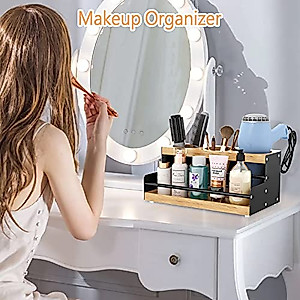 DOKU Wood and Metal Hair Dryer Holder, Countertop Hair Tool Organizer for Bathroom, Countertop Blow Dryer Holder Hair Styling Vanity Caddy Storage for Makeup, Accessories, Toiletries