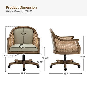 TINA'S HOME Rattan Desk Chair, Upholstered Home Office Chair with Armrest, Adjustable Swivel Rolling Height Computer Task Chair for Living Room Bedroom Study Room, Linen