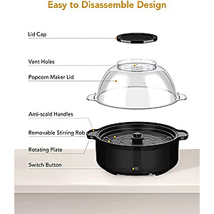 Electric Hot Oil Popcorn Machine, 2-in-1 Automatic Stirring Hot Oil Popcorn Popper Maker & Grill Machine, Large Lid for Serving Bowl, 2 Measuring Spoons, 16 Cups for Home Party Kids Movie Night