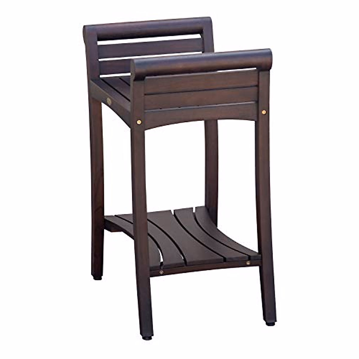 DecoTeak Symmetry Teak Shower Bench 24" Long Extended Height Wood Shower Stool with Shelf and LiftAide Arms Shower Bench in Woodland Brown Finish