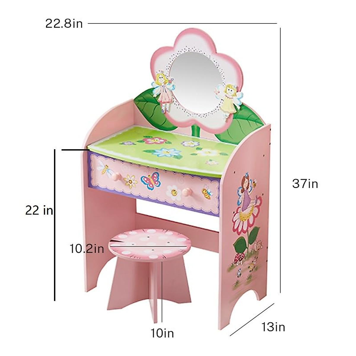 lukazoo Kids Vanity Set with Mirror and Stool, Beauty Makeup Vanity Table with Large Drawer and Chair Set for Toddlers and Kids, Wooden Girls Makeup Dressing Table