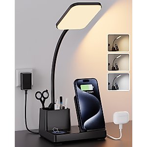 Sailstar Desk Lamp with Wireless Charger USB Charging Port, LED Desk Lamps for Home Office, 800LM 3 Lighting Modes Dimmable Pen Holder 360°Gooseneck, Eye-Caring Desk Light for College Dorm Room, Black