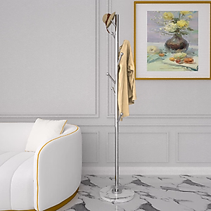 Homde Metal Coat Rack Stand with Natural Marble Base, Stainless Steel Freestanding Clothes Tree Hanger with 8 Hooks, Hall Hanger for Coat Jackets Hat Scarves Handbags Entryway Bedroom (Silver)