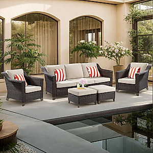 Gardenbee Patio Furniture Set All Weather Outdoor Furniture 5 Pieces with High Back Wicker Rattan Sofa Couch, Two Armchairs and Two Ottomans for Deck Backyard Porch(Brown/Beige)