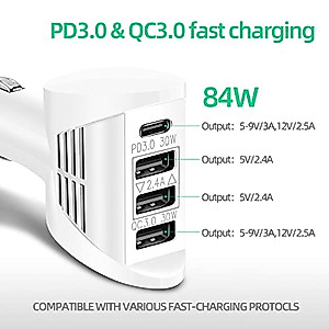 USB C Car Charger Adapter 84W, 4 USB Ports Fast Car Charger, PD3.0 QC3.0 Car Phone Charger Fast Charging Compatible with iPhone 13 12 11 Pro Max iPad, Samsung Galaxy S22/Note 20, Tablet, Pixel, LG.