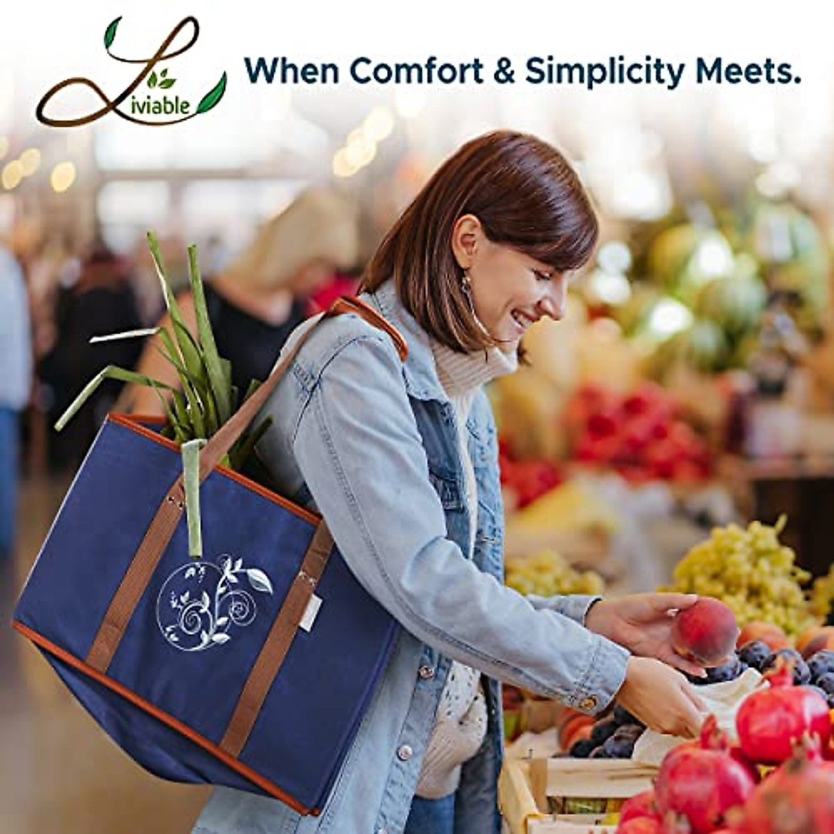 Liviable Reusable Grocery Shopping Bags, Foldable, Heavy Duty Tote, Box Bags with Long Handles and Solid Bottom, Large - Set of 3, Navy Blue