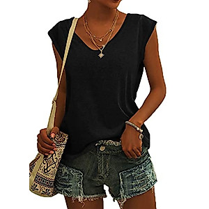 AUSELILY Womens Cap Sleeve T-Shirt Casual Loose Fit Tank Tops Black