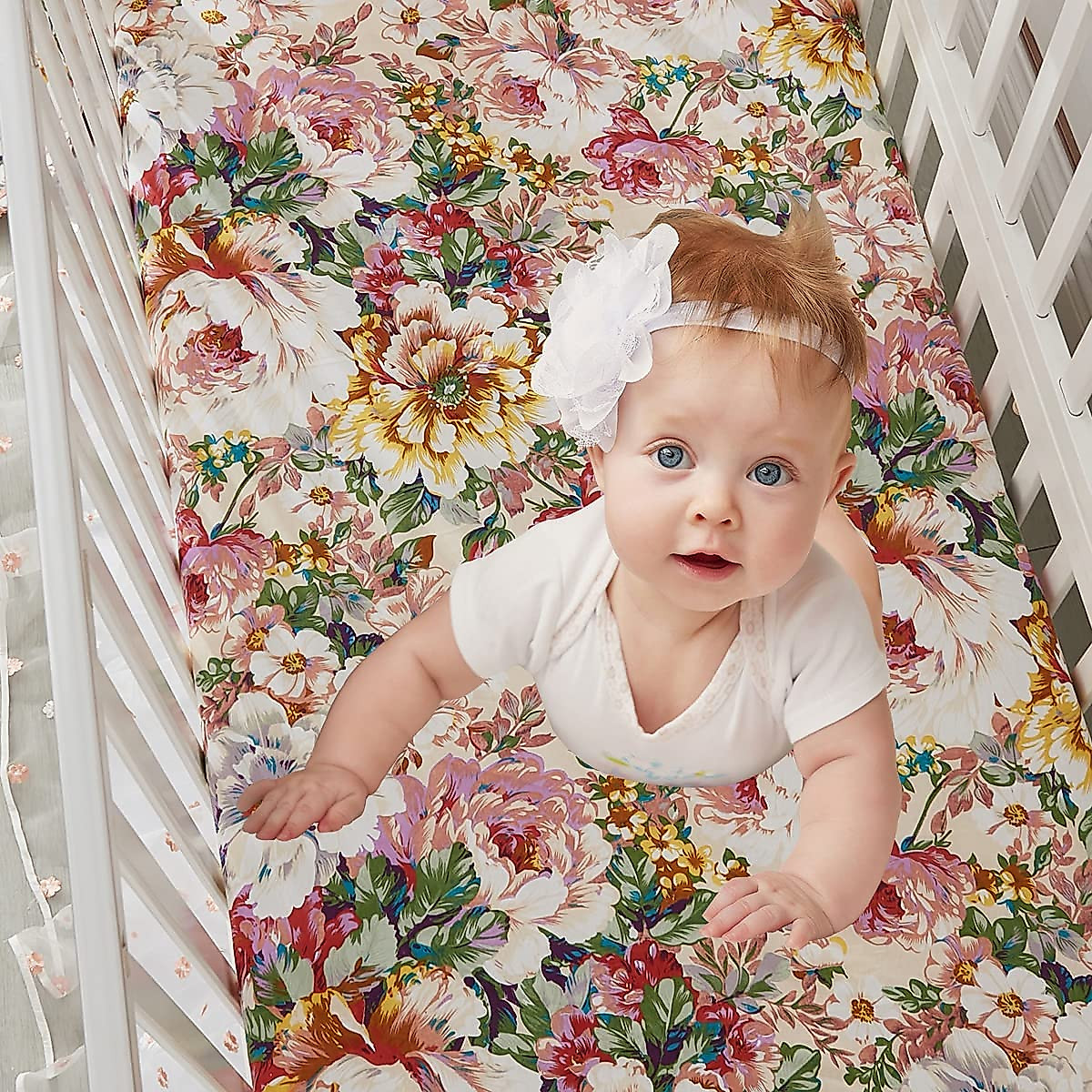 Brandream Crib Bedding Sets for Girls | 3-Piece Cotton Nursery Baby Bedding Set | Shimmering Floral Comforter, Crib Sheet, Embroidered Flowers Tulle Lace Crib Bed Skirt, Blush Pink