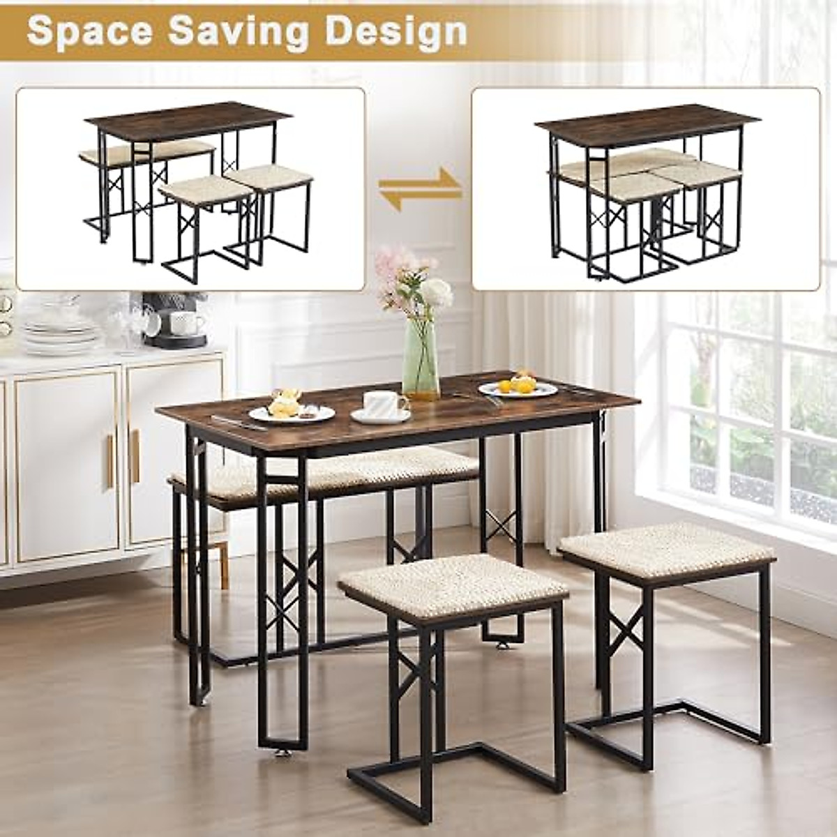 VECELO 43.3" Farmhouse Room Sets for 4 with 3 Benches WickerKnot Mats, Adjustable Feets Metal Frame Space-Saving Coffee Table for Home Kitchen Dining, Brown, 43.3in