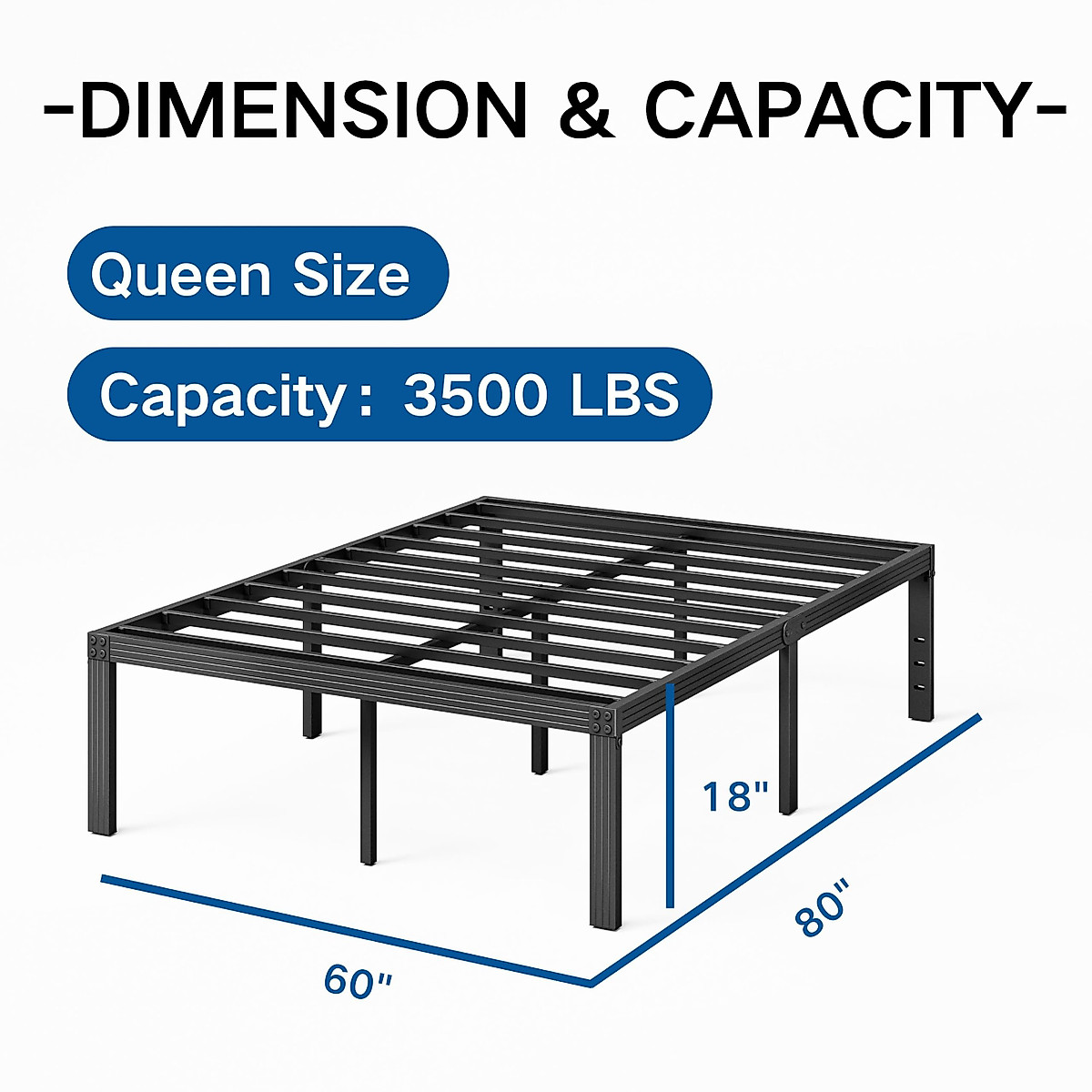 ZIYOO Queen Size Bed Frame, 18 Inches Platform Bed Frame, 3500lbs Heavy Duty Steel Slat, Non-Slip Design, No Box Spring Needed, Easy Assembly, Quiet Noise Free, Under Bed Storage Space, Black
