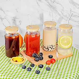 Verdenu 4 Pcs Glass Cups Set, 16oz Drinking Glasses with Lids and Glass Straws, Can shaped Iced Coffee Cup, Clear Beer Can Glass, Cute Tumbler Cup, Ideal for Gift, Homemade DIY Drink