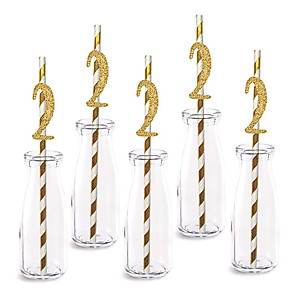 2nd Birthday Paper Straw Decor, 24-Pack Real Gold Glitter Cut-Out Numbers Happy 2 Years Party Decorative Straws
