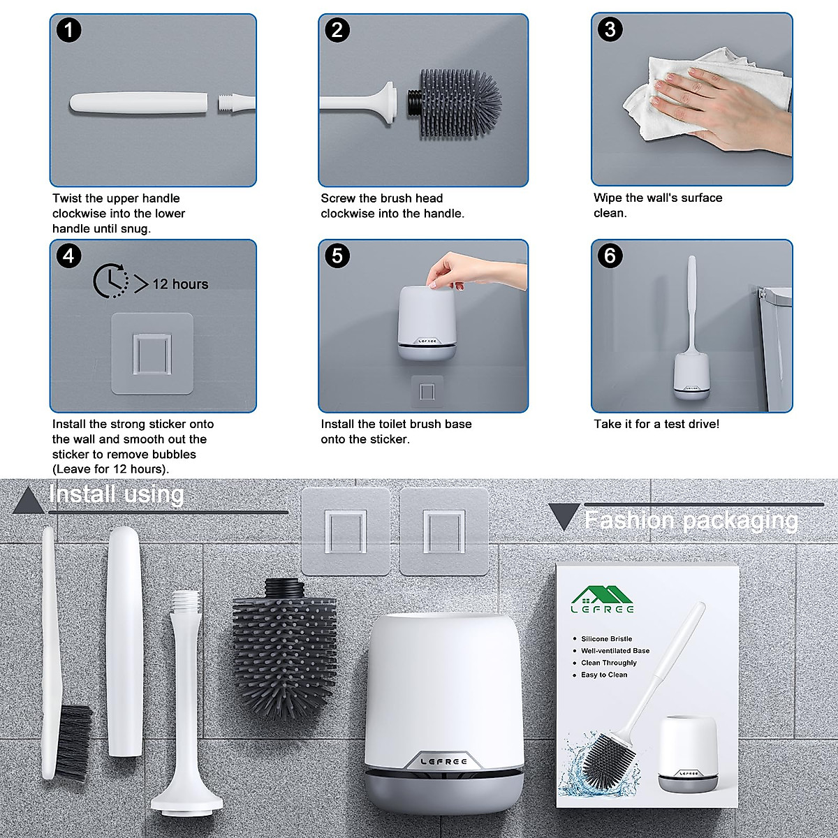 Lefree 2 Pack Silicone Toilet Brush,Homemod Toilet Bowl Brush and Holder Set with Ventilated Holder, Toilet Cleaner Brush for Bathroom,Floor Standing & Wall Mounted Toilet Scrubber Without Drilling