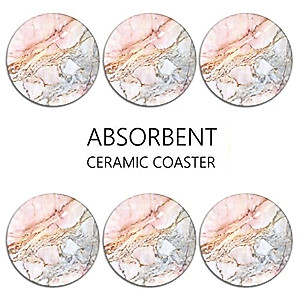 Britimes Coasters for Drinks Absorbent with Metal Holder Stand, Ceramic Stone Coaster Sets of 6, Marble Style Coaster for Coffee Wooden Table, Housewarming Gift Pink