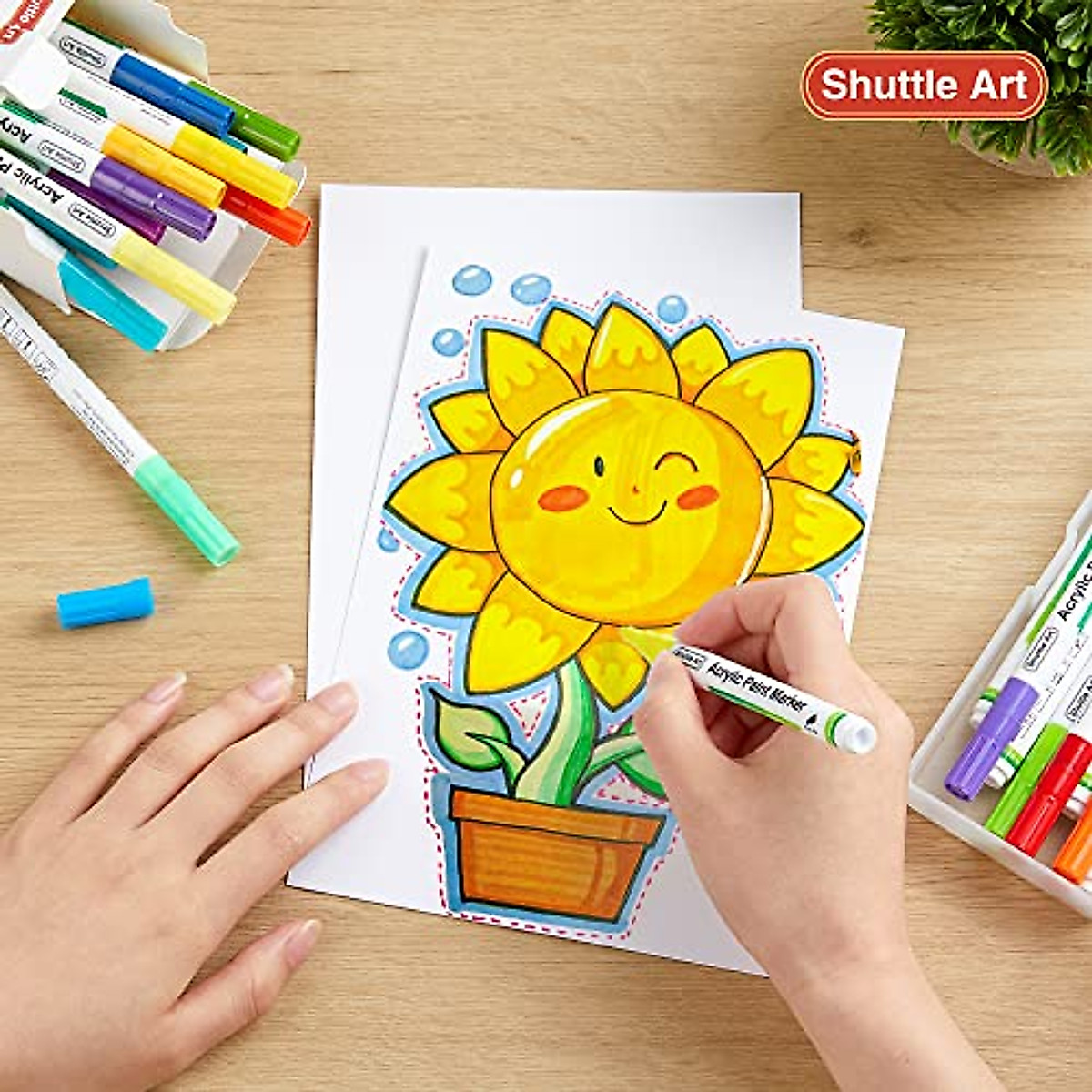 Shuttle Art Paint Pens, 42 Colors Acrylic Paint Markers, Low-Odor Water-Based Quick Dry Paint Markers for Rock, Wood, Metal, Plastic, Glass, Canvas, Ceramic