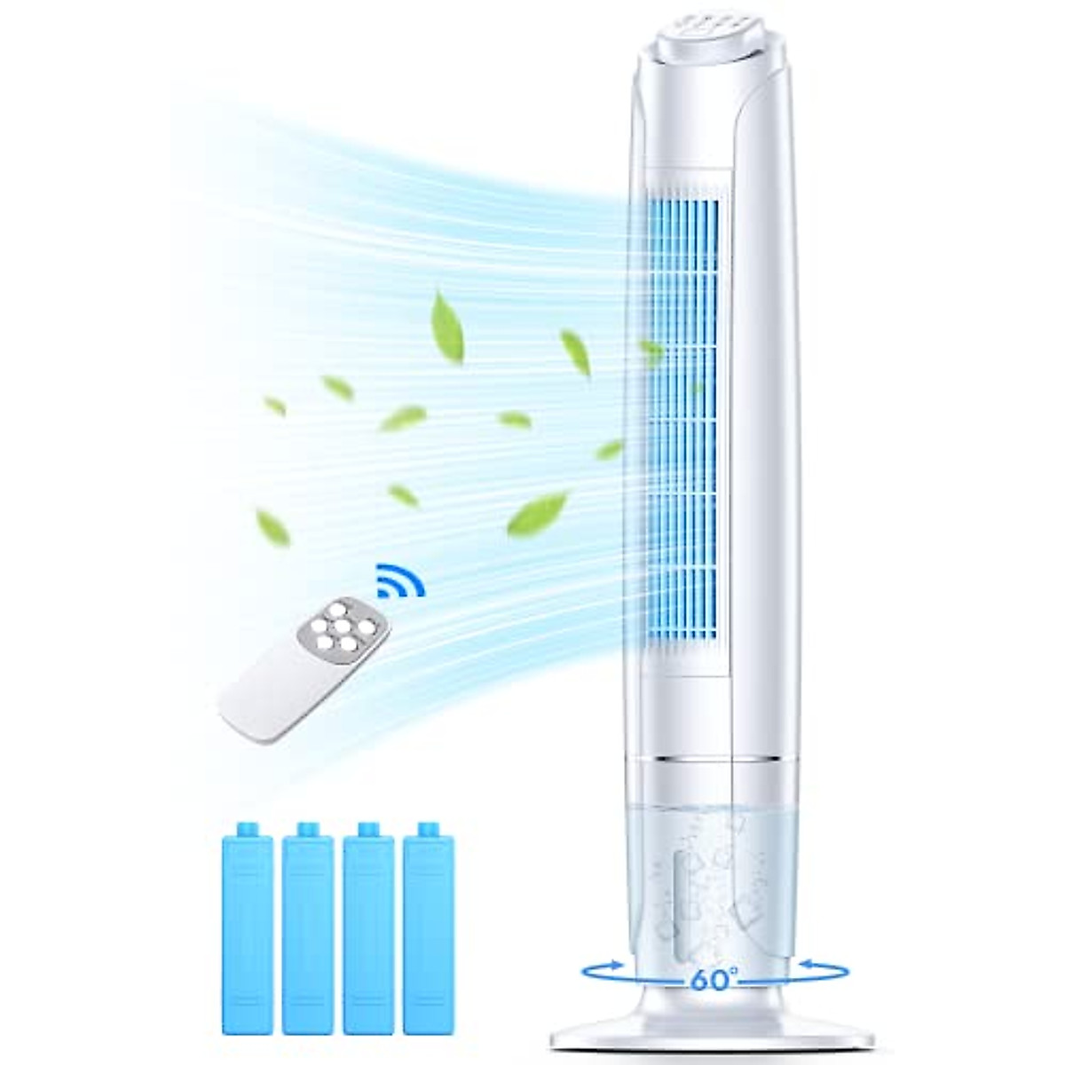 43-INCH Air Conditioner Portable for Room, BREEZEWELL Evaporative Air Cooler, 60° Oscillating Cooling Fan w/Remote, 12H Timer, 3 Speeds, 4 Ice Packs, Windowless Swamp Cooler for Bedroom Home Office