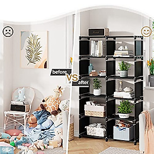 REIBII Bookshelf for Bedroom Book Shelf Organizer Bookcase Tall Book Case 12 Cube Storage Organizer Cube Shelf Black Cubby Storage Organizer Shelves for Bedroom Living Room Closet Office DIY