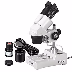 AmScope SE303-P-E Digital Binocular Stereo Microscope, WF10x Eyepieces, 10X and 30X Magnification, 1X and 3X Objectives, Tungsten Lighting, Reversible Black/White Stage Plate, Pillar Stand, 110V, Includes 0.3MP Camera and Software