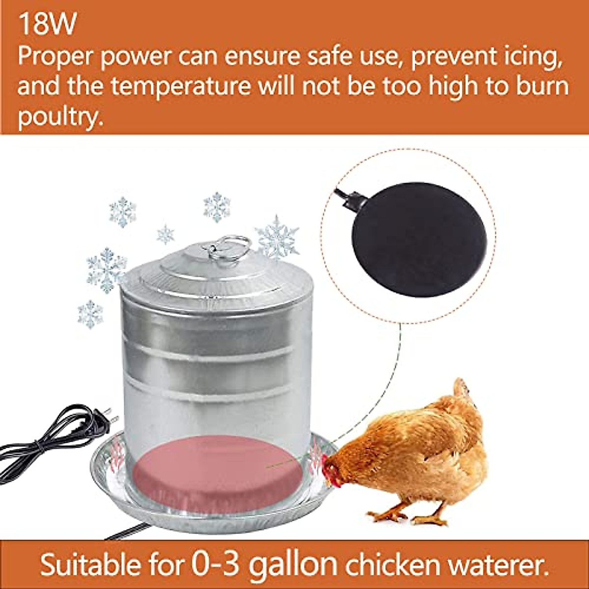Chicken Waterer Heater for Winter, 18W Poultry Founts De-icer Heated Base with 5.6ft Power Cord for Chicken Coop 1-3 Gallons Metal Water Stock Tank, 2 Pcs