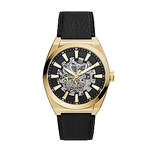 Fossil Men's Everett Automatic Stainless Steel and Eco Leather Three-Hand Watch, Color: Gold, Black (Model: ME3208)